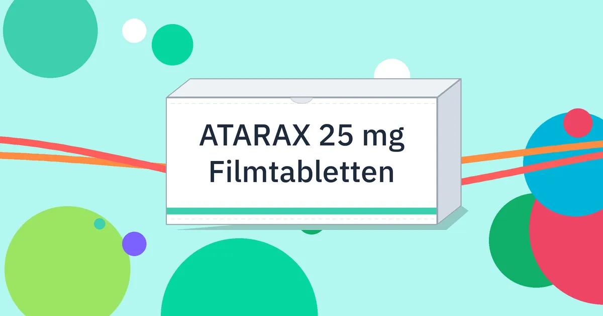 Symbolbild: Packung mit der Aufschrift ATARAX 25 mg Filmtabletten (PZN 04954831) – Verfügbarkeit und Bezug in Apotheken in Frankfurt am Main