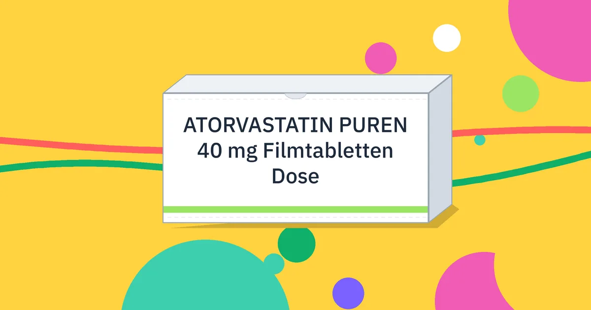Symbolbild: Packung mit der Aufschrift ATORVASTATIN PUREN 40 mg Filmtabletten Dose (PZN 11297606) – Verfügbarkeit und Bezug in Apotheken in Frankfurt am Main