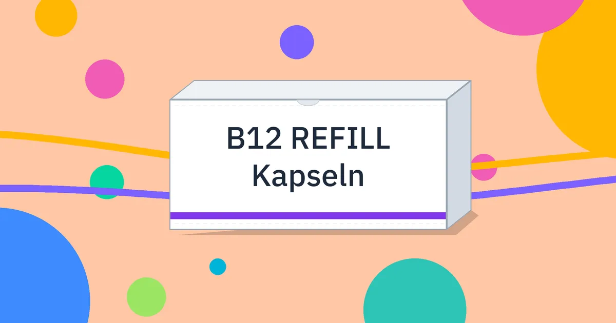 Symbolbild: Packung mit der Aufschrift B12 REFILL Kapseln (PZN 20393591) – Verfügbarkeit und Bezug in Apotheken in Frankfurt am Main