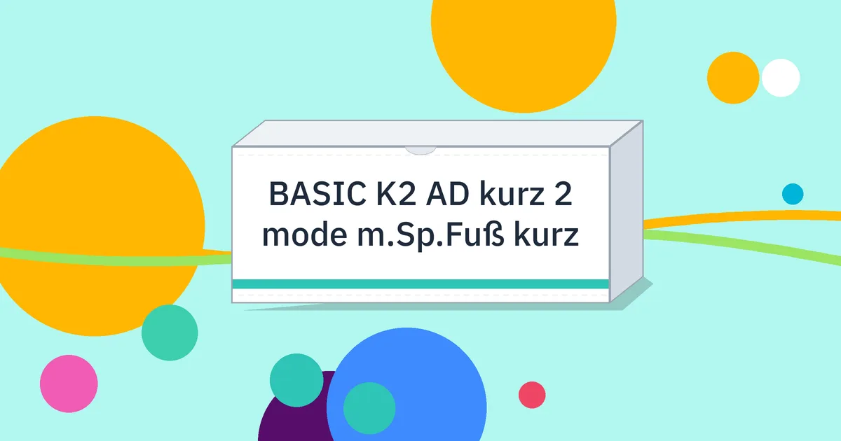 Symbolbild: Packung mit der Aufschrift BASIC K2 AD kurz 2 mode m.Sp.Fuß kurz (PZN 20264149) – Verfügbarkeit und Bezug in Apotheken in Frankfurt am Main