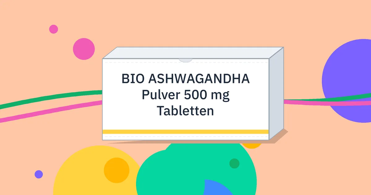 Symbolbild: Packung mit der Aufschrift BIO ASHWAGANDHA Pulver 500 mg Tabletten (PZN 11109384) – Verfügbarkeit und Bezug in Apotheken in Frankfurt am Main