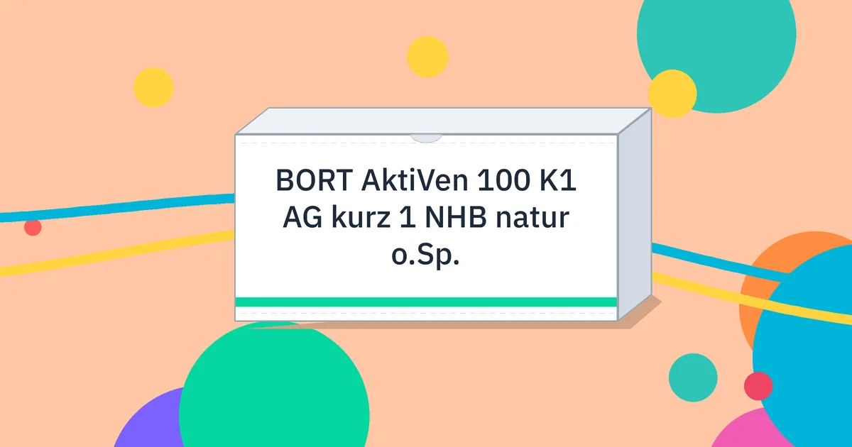 Symbolbild: Packung mit der Aufschrift BORT AktiVen 100 K1 AG kurz 1 NHB natur o.Sp. (PZN 13729501) – Verfügbarkeit und Bezug in Apotheken in Frankfurt am Main