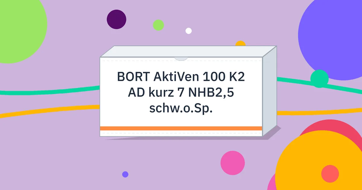 Symbolbild: Packung mit der Aufschrift BORT AktiVen 100 K2 AD kurz 7 NHB2,5 schw.o.Sp. (PZN 17501752) – Verfügbarkeit und Bezug in Apotheken in Frankfurt am Main