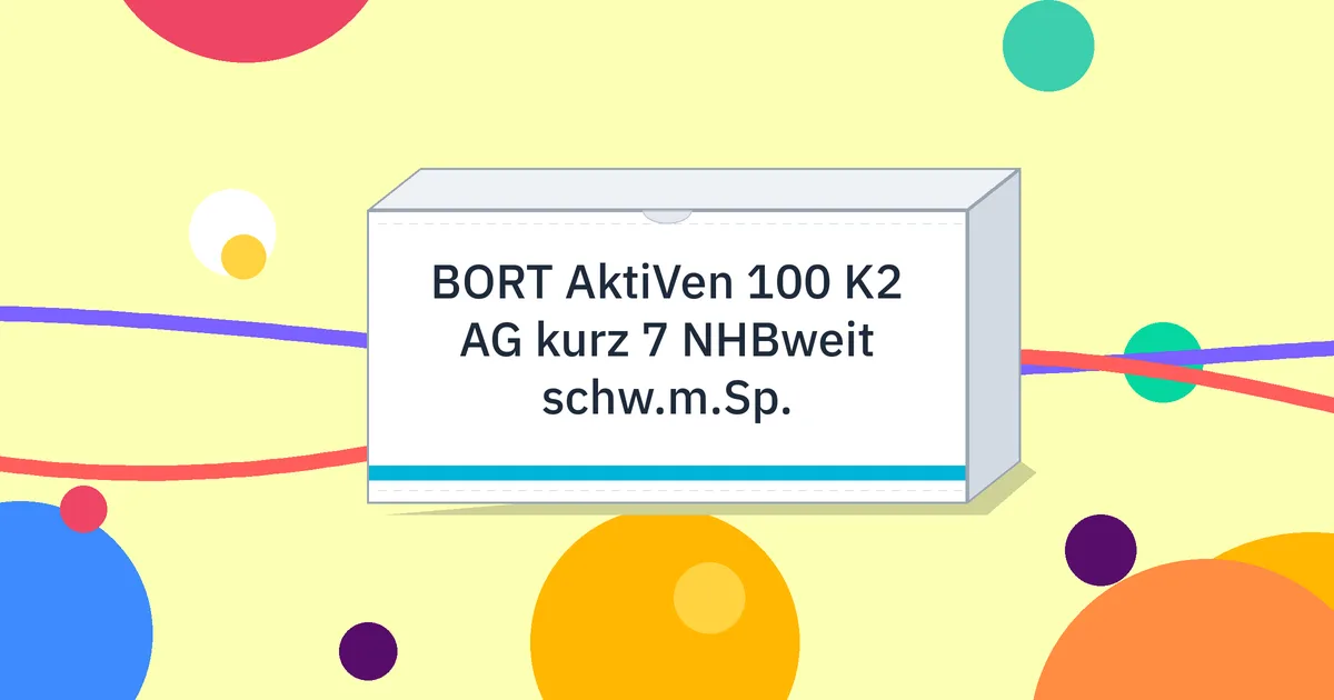 Symbolbild: Packung mit der Aufschrift BORT AktiVen 100 K2 AG kurz 7 NHBweit schw.m.Sp. (PZN 14388195) – Verfügbarkeit und Bezug in Apotheken in Frankfurt am Main