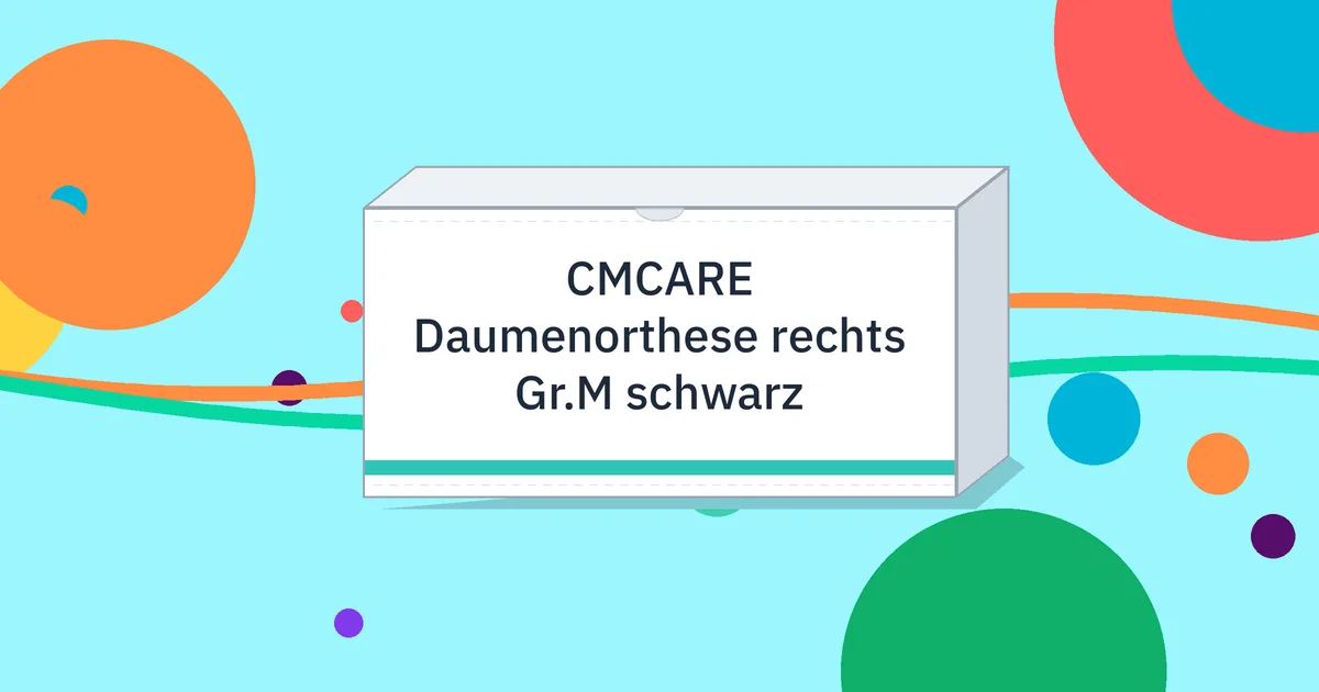Symbolbild: Packung mit der Aufschrift CMCARE Daumenorthese rechts Gr.M schwarz (PZN 12467683) – Verfügbarkeit und Bezug in Apotheken in Frankfurt am Main