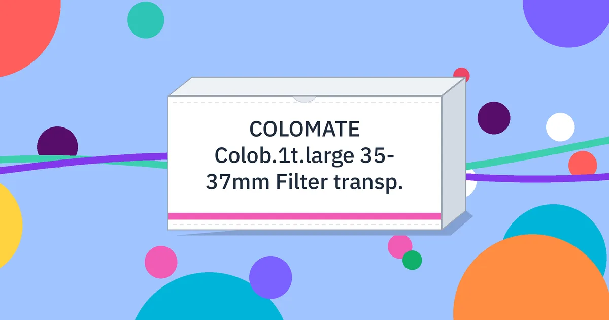 Symbolbild: Packung mit der Aufschrift COLOMATE Colob.1t.large 35-37mm Filter transp. (PZN 03740246) – Verfügbarkeit und Bezug in Apotheken in Frankfurt am Main