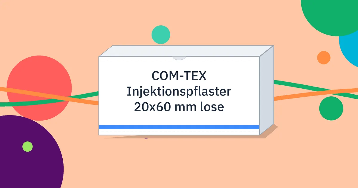 Symbolbild: Packung mit der Aufschrift COM-TEX Injektionspflaster 20x60 mm lose (PZN 00031271) – Verfügbarkeit und Bezug in Apotheken in Frankfurt am Main