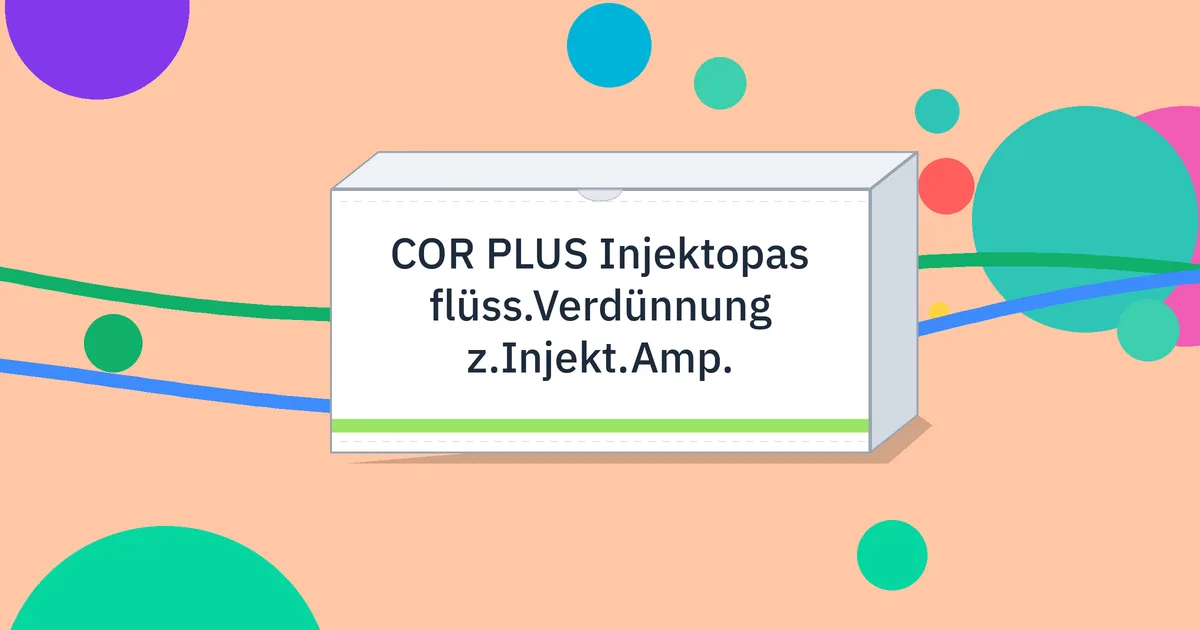 Symbolbild: Packung mit der Aufschrift COR PLUS Injektopas flüss.Verdünnung z.Injekt.Amp. (PZN 00771602) – Verfügbarkeit und Bezug in Apotheken in Frankfurt am Main
