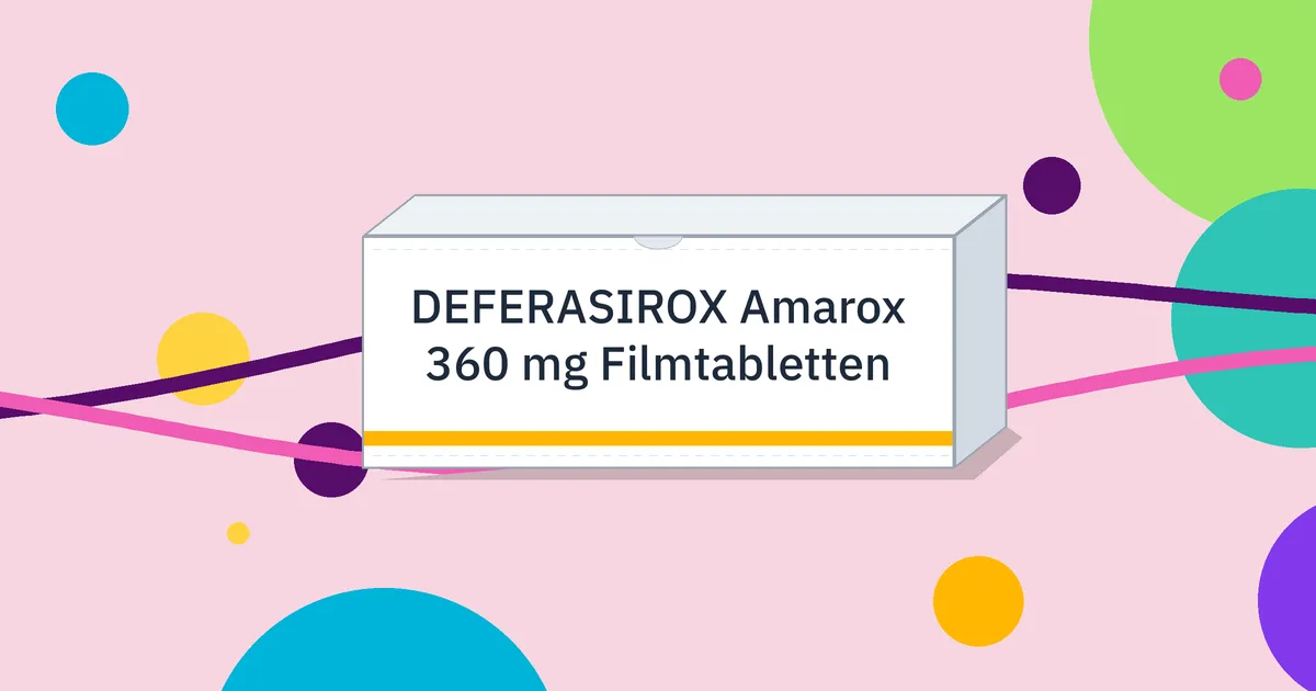 Symbolbild: Packung mit der Aufschrift DEFERASIROX Amarox 360 mg Filmtabletten (PZN 18273336) – Verfügbarkeit und Bezug in Apotheken in Frankfurt am Main