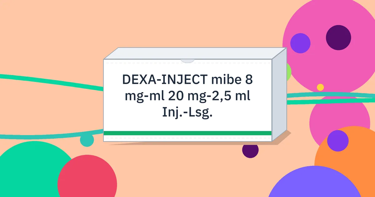 Symbolbild: Packung mit der Aufschrift DEXA-INJECT mibe 8 mg-ml 20 mg-2,5 ml Inj.-Lsg. (PZN 19847360) – Verfügbarkeit und Bezug in Apotheken in Frankfurt am Main