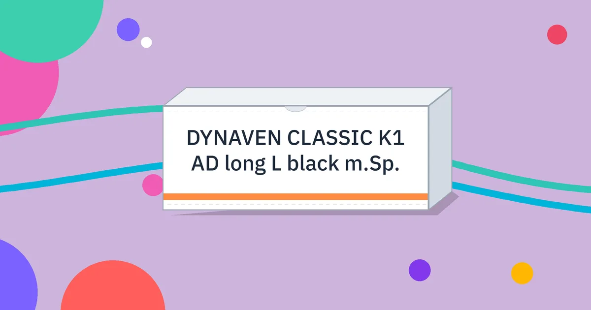 Symbolbild: Packung mit der Aufschrift DYNAVEN CLASSIC K1 AD long L black m.Sp. (PZN 18414788) – Verfügbarkeit und Bezug in Apotheken in Frankfurt am Main