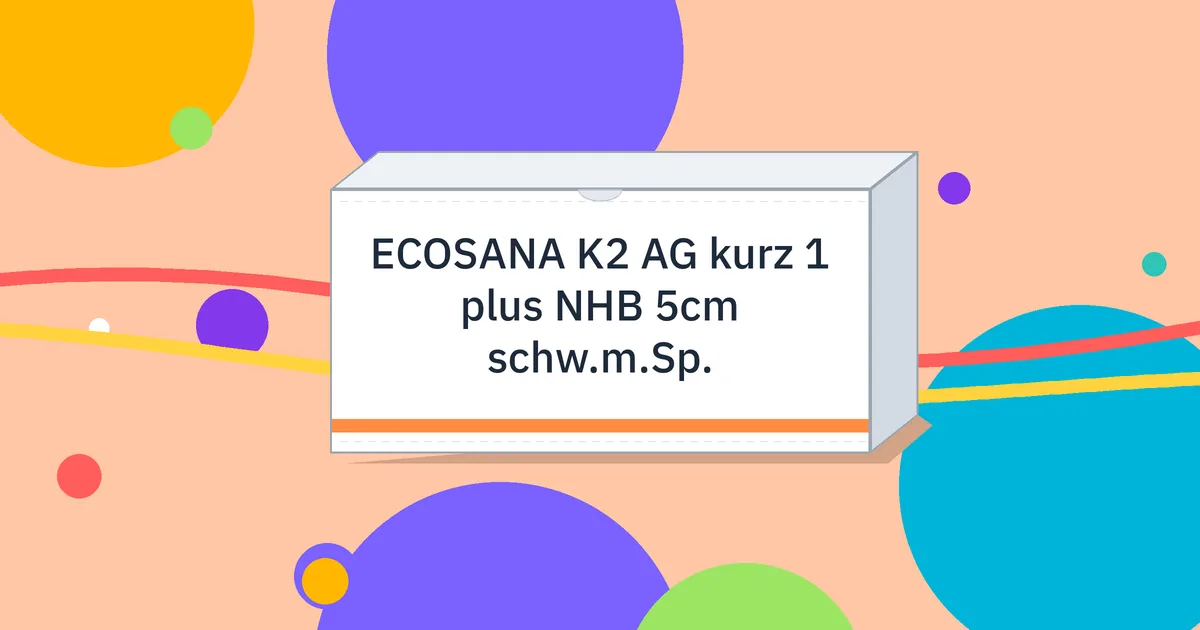 Symbolbild: Packung mit der Aufschrift ECOSANA K2 AG kurz 1 plus NHB 5cm schw.m.Sp. (PZN 01363986) – Verfügbarkeit und Bezug in Apotheken in Frankfurt am Main