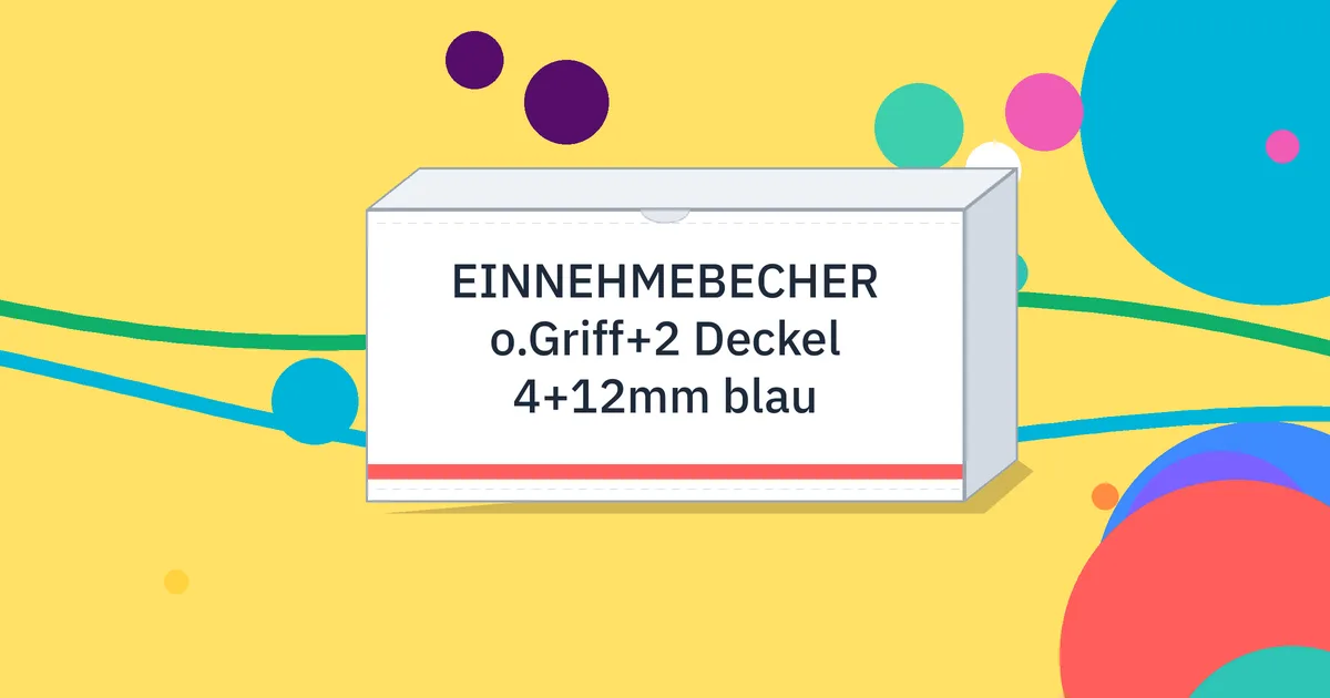 Symbolbild: Packung mit der Aufschrift EINNEHMEBECHER o.Griff+2 Deckel 4+12mm blau (PZN 01687625) – Verfügbarkeit und Bezug in Apotheken in Frankfurt am Main