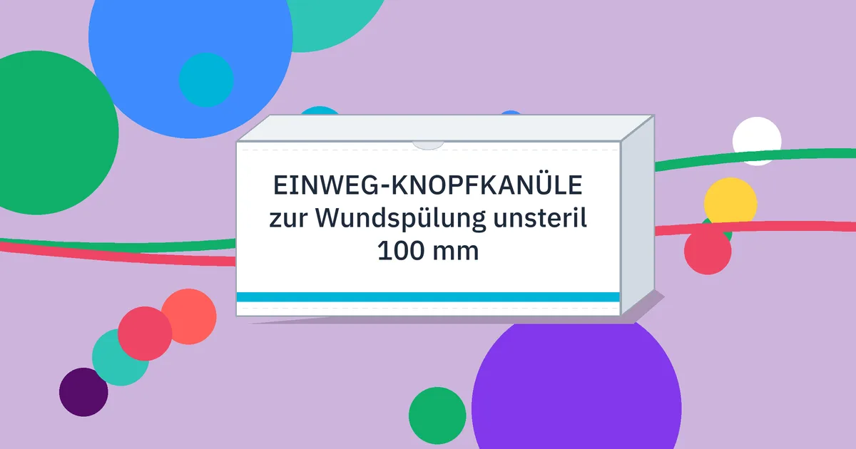 Symbolbild: Packung mit der Aufschrift EINWEG-KNOPFKANÜLE zur Wundspülung unsteril 100 mm (PZN 16956893) – Verfügbarkeit und Bezug in Apotheken in Frankfurt am Main