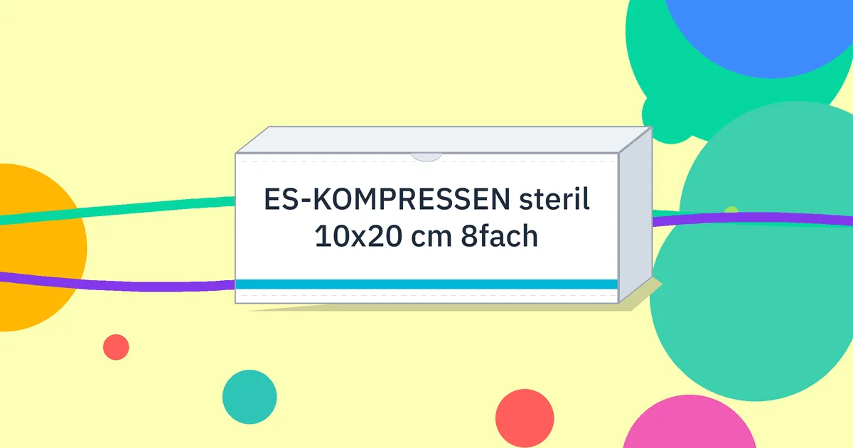 Symbolbild: Packung mit der Aufschrift ES-KOMPRESSEN steril 10x20 cm 8fach (PZN 18763069) – Verfügbarkeit und Bezug in Apotheken in Frankfurt am Main