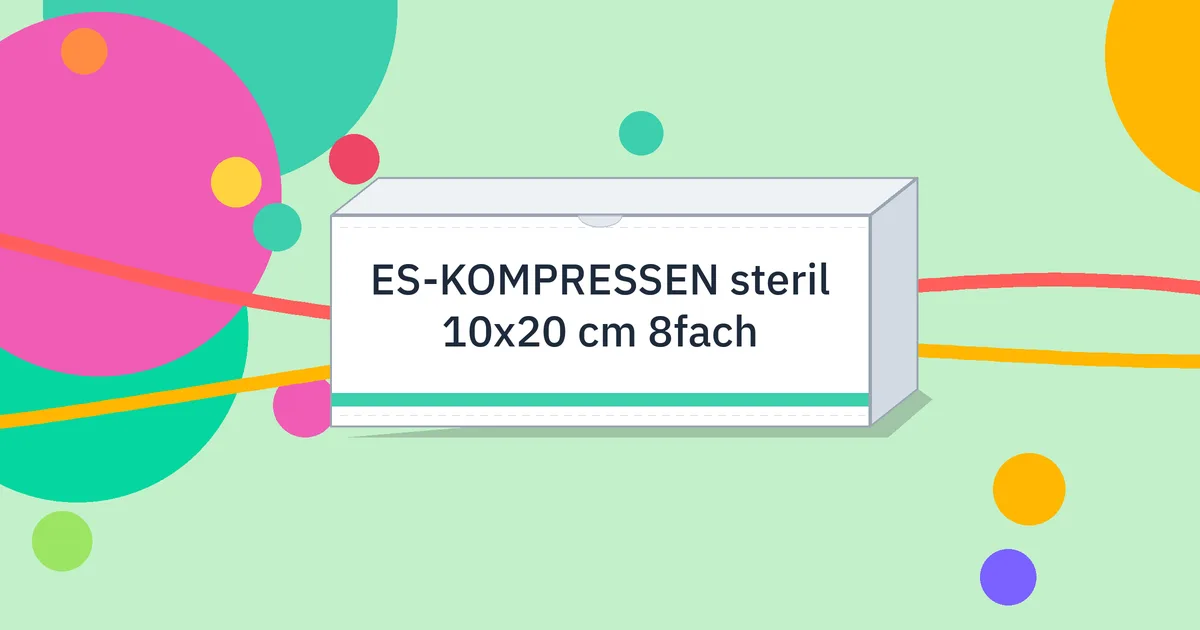 Symbolbild: Packung mit der Aufschrift ES-KOMPRESSEN steril 10x20 cm 8fach (PZN 00434164) – Verfügbarkeit und Bezug in Apotheken in Frankfurt am Main