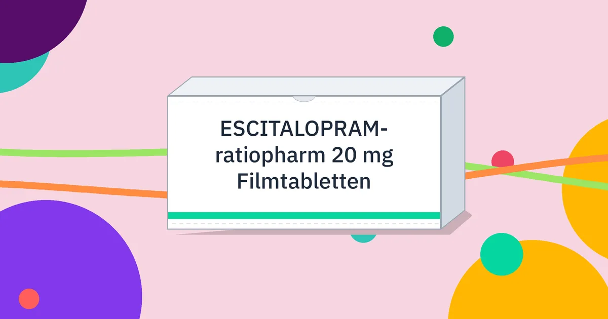 Symbolbild: Packung mit der Aufschrift ESCITALOPRAM-ratiopharm 20 mg Filmtabletten (PZN 00273991) – Verfügbarkeit und Bezug in Apotheken in Frankfurt am Main