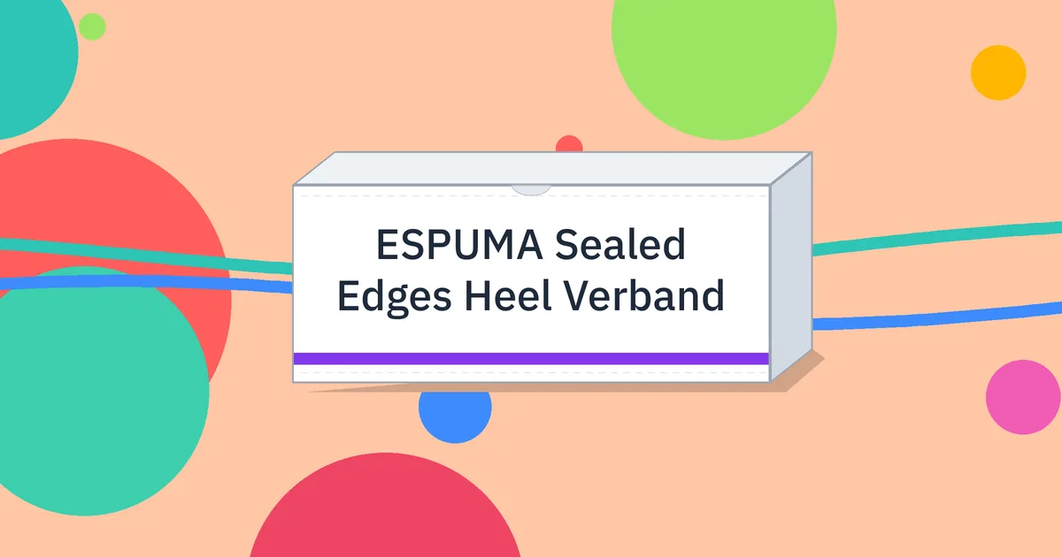 Symbolbild: Packung mit der Aufschrift ESPUMA Sealed Edges Heel Verband (PZN 19950230) – Verfügbarkeit und Bezug in Apotheken in Frankfurt am Main