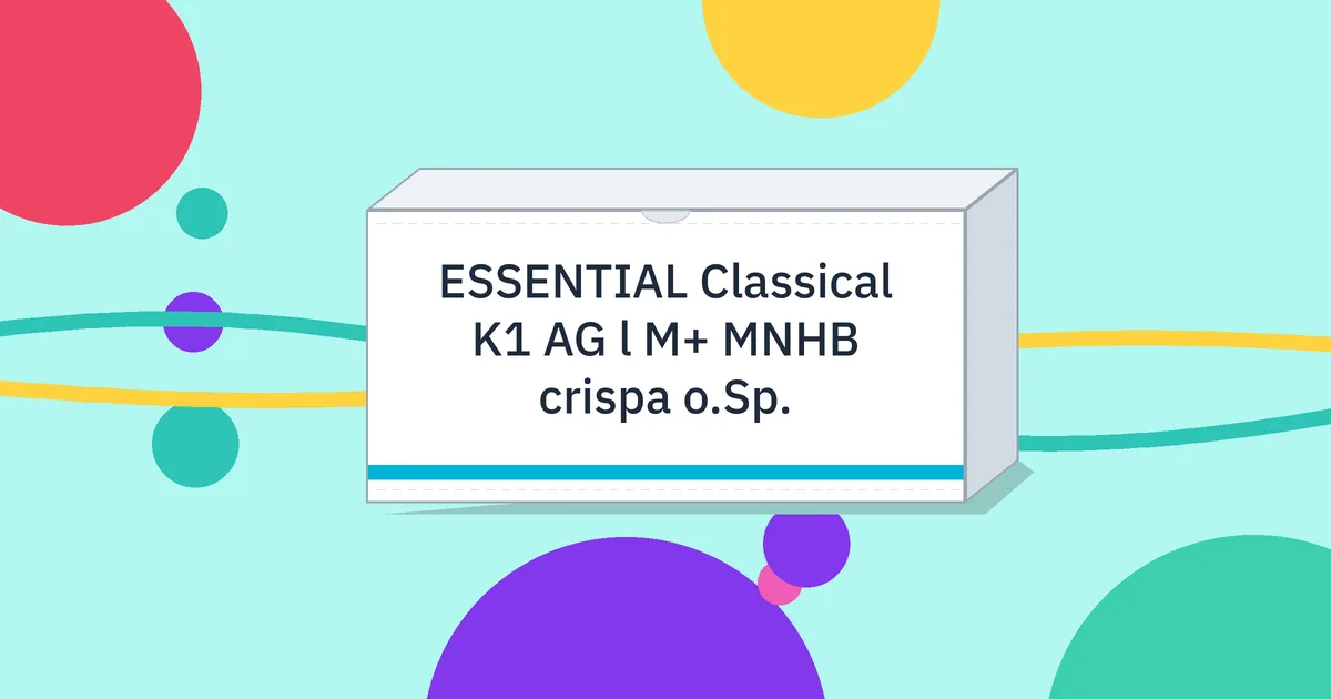 Symbolbild: Packung mit der Aufschrift ESSENTIAL Classical K1 AG l M+ MNHB crispa o.Sp. (PZN 19320836) – Verfügbarkeit und Bezug in Apotheken in Frankfurt am Main