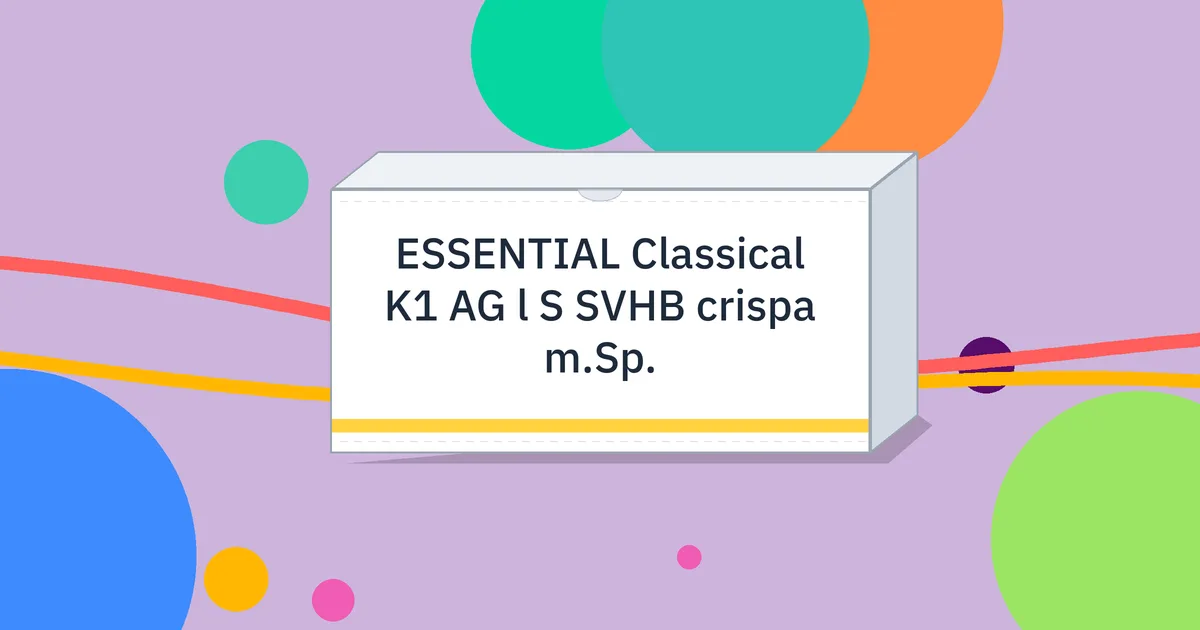 Symbolbild: Packung mit der Aufschrift ESSENTIAL Classical K1 AG l S SVHB crispa m.Sp. (PZN 18420783) – Verfügbarkeit und Bezug in Apotheken in Frankfurt am Main
