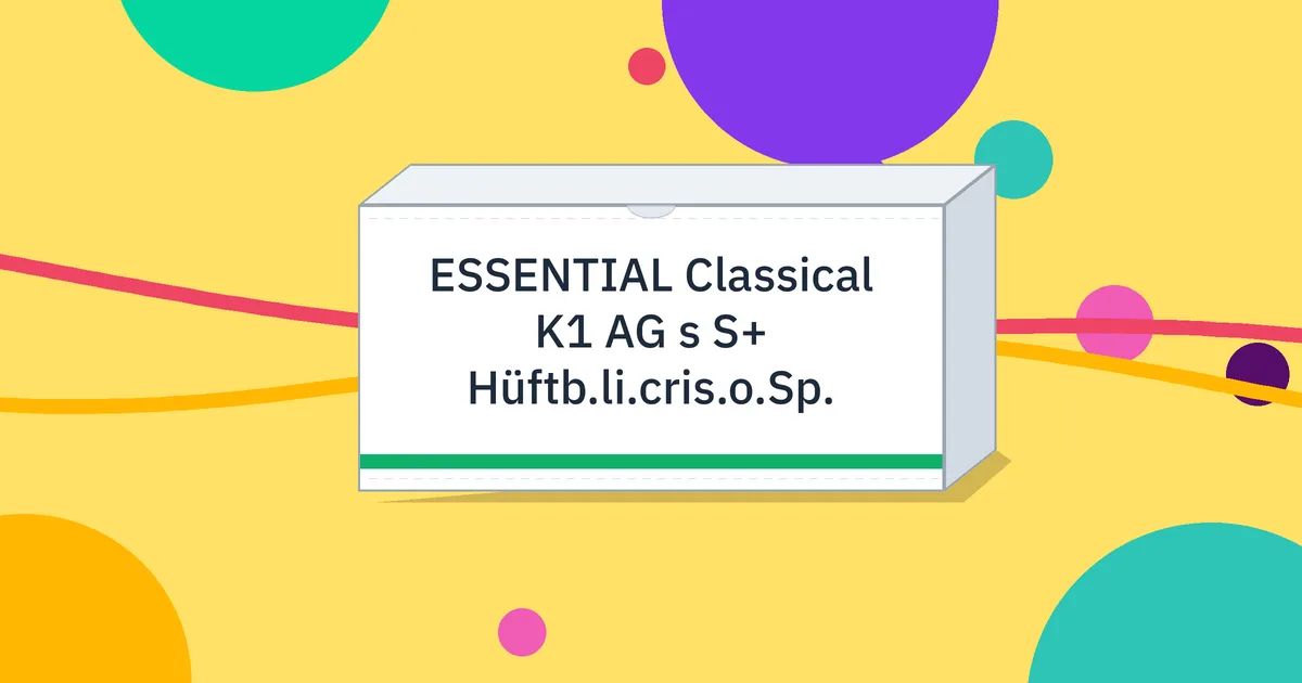Symbolbild: Packung mit der Aufschrift ESSENTIAL Classical K1 AG s S+ Hüftb.li.cris.o.Sp. (PZN 17012007) – Verfügbarkeit und Bezug in Apotheken in Frankfurt am Main