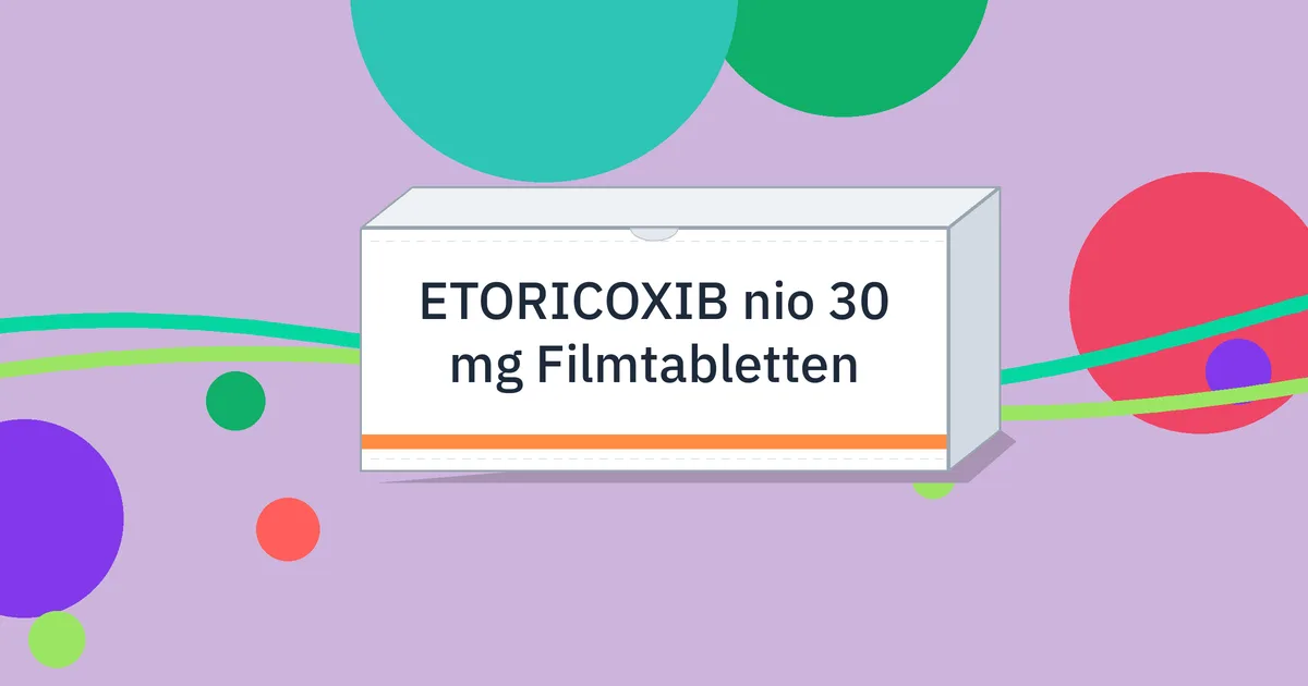 Symbolbild: Packung mit der Aufschrift ETORICOXIB nio 30 mg Filmtabletten (PZN 20347964) – Verfügbarkeit und Bezug in Apotheken in Frankfurt am Main