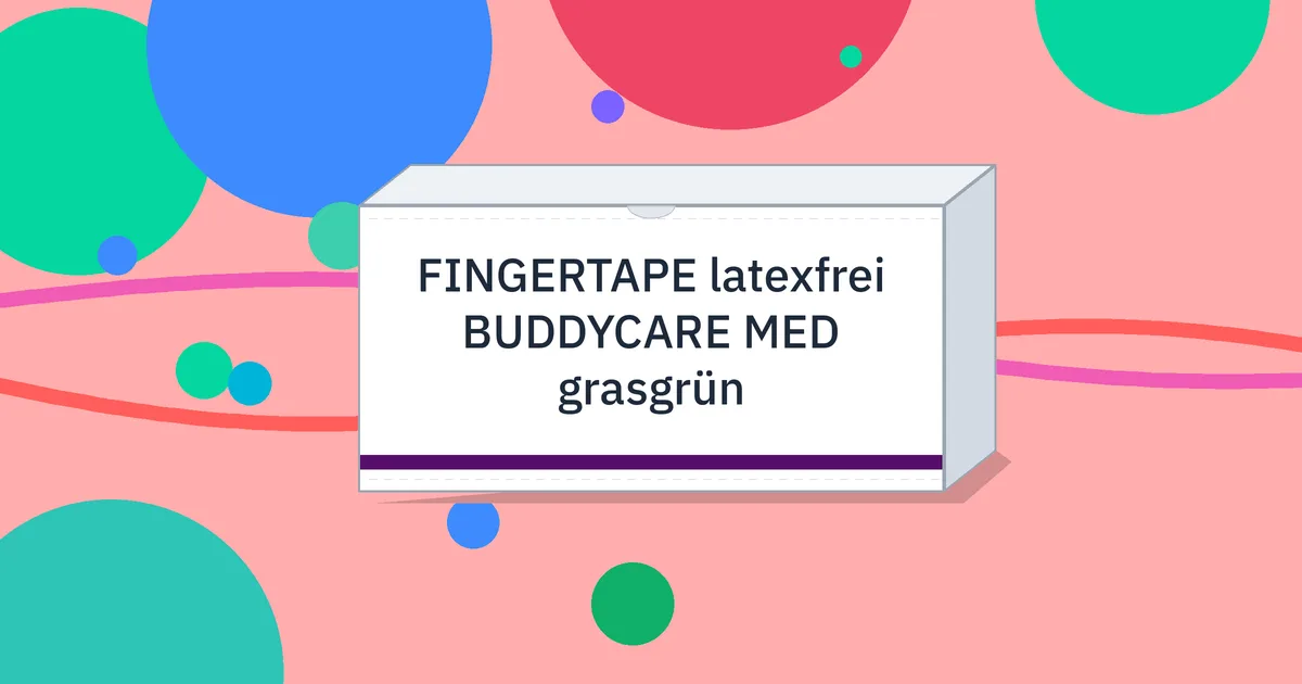 Symbolbild: Packung mit der Aufschrift FINGERTAPE latexfrei BUDDYCARE MED grasgrün (PZN 13925099) – Verfügbarkeit und Bezug in Apotheken in Frankfurt am Main