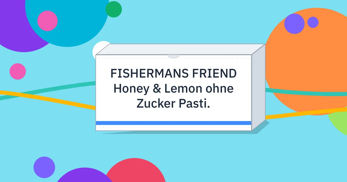 Symbolbild: Packung mit der Aufschrift FISHERMANS FRIEND Honey & Lemon ohne Zucker Pasti. (PZN 10993143) – Verfügbarkeit und Bezug in Apotheken in Frankfurt am Main