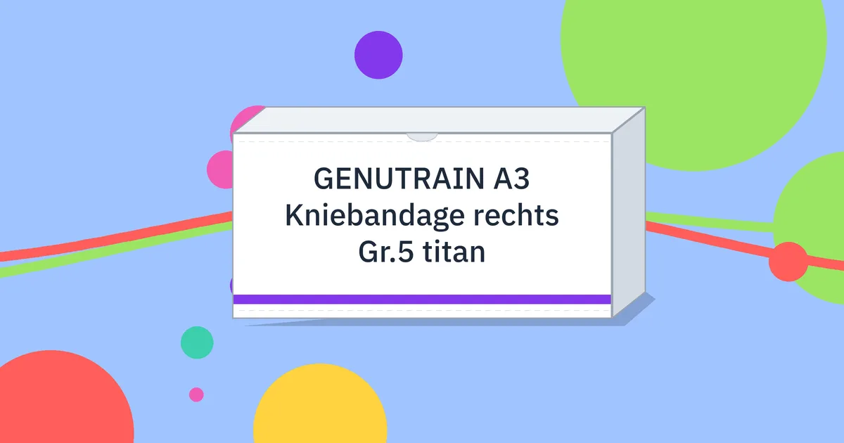Symbolbild: Packung mit der Aufschrift GENUTRAIN A3 Kniebandage rechts Gr.5 titan (PZN 01071812) – Verfügbarkeit und Bezug in Apotheken in Frankfurt am Main
