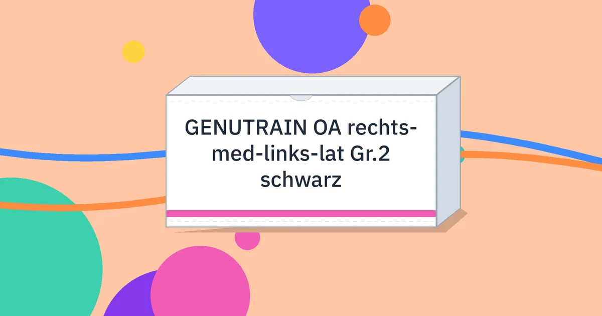 Symbolbild: Packung mit der Aufschrift GENUTRAIN OA rechts-med-links-lat Gr.2 schwarz (PZN 16144014) – Verfügbarkeit und Bezug in Apotheken in Frankfurt am Main