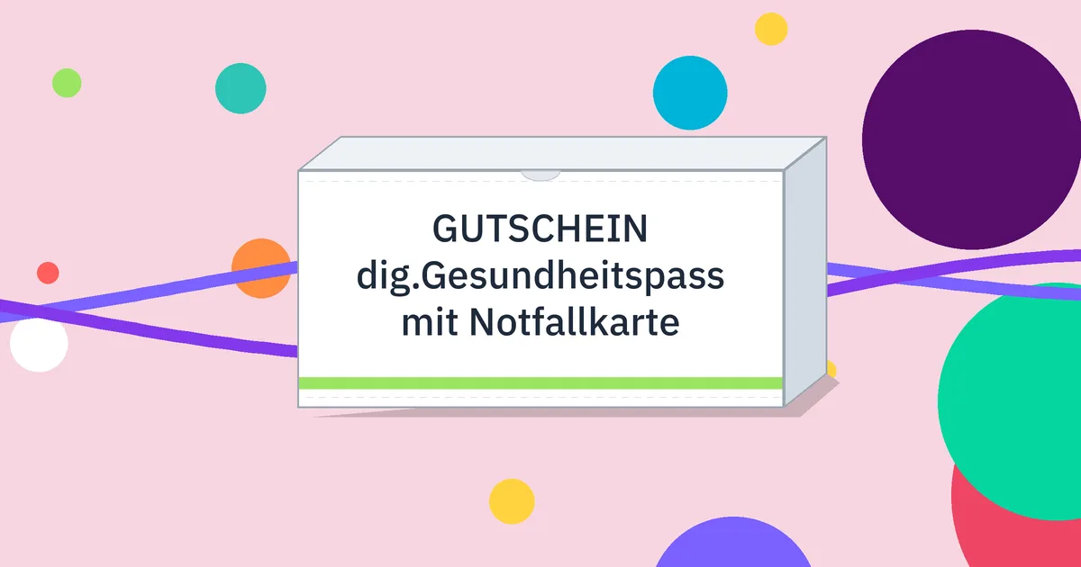 Symbolbild: Packung mit der Aufschrift GUTSCHEIN dig.Gesundheitspass mit Notfallkarte (PZN 18751273) – Verfügbarkeit und Bezug in Apotheken in Frankfurt am Main