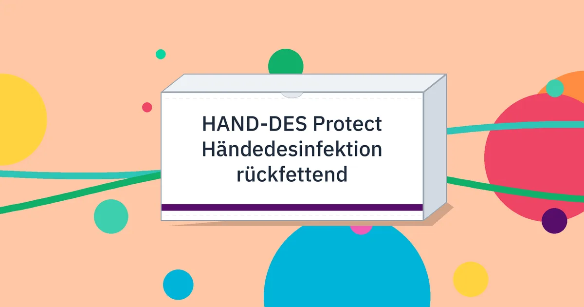 Symbolbild: Packung mit der Aufschrift HAND-DES Protect Händedesinfektion rückfettend (PZN 09667964) – Verfügbarkeit und Bezug in Apotheken in Frankfurt am Main