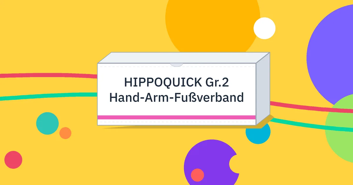 Symbolbild: Packung mit der Aufschrift HIPPOQUICK Gr.2 Hand-Arm-Fußverband (PZN 03977310) – Verfügbarkeit und Bezug in Apotheken in Frankfurt am Main