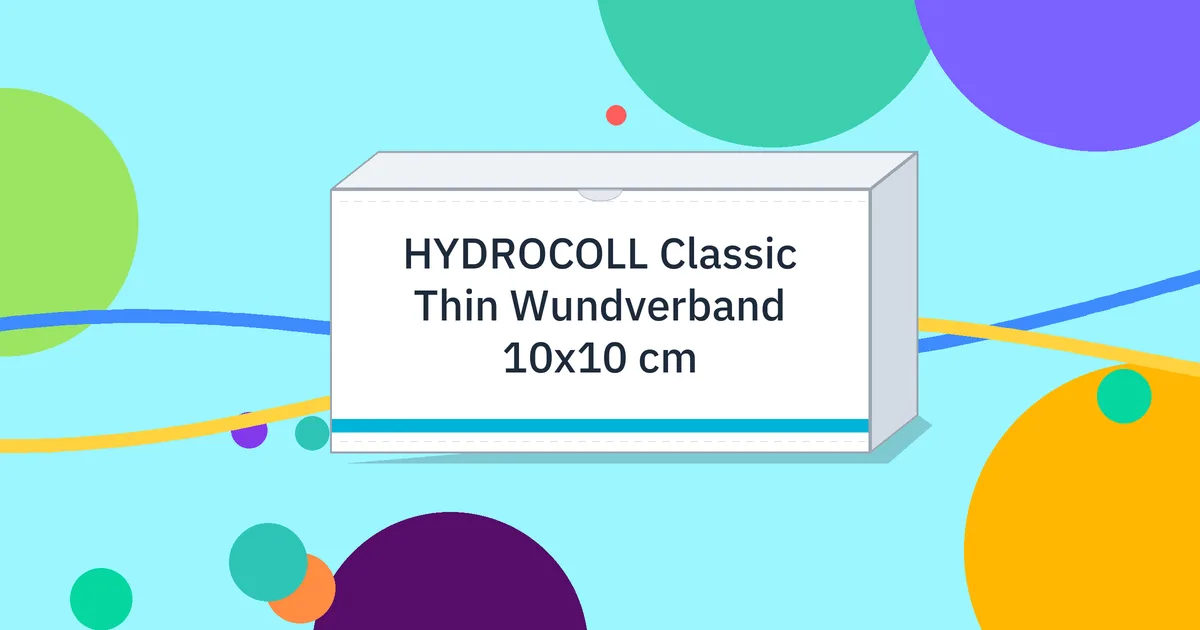 Symbolbild: Packung mit der Aufschrift HYDROCOLL Classic Thin Wundverband 10x10 cm (PZN 19829706) – Verfügbarkeit und Bezug in Apotheken in Frankfurt am Main