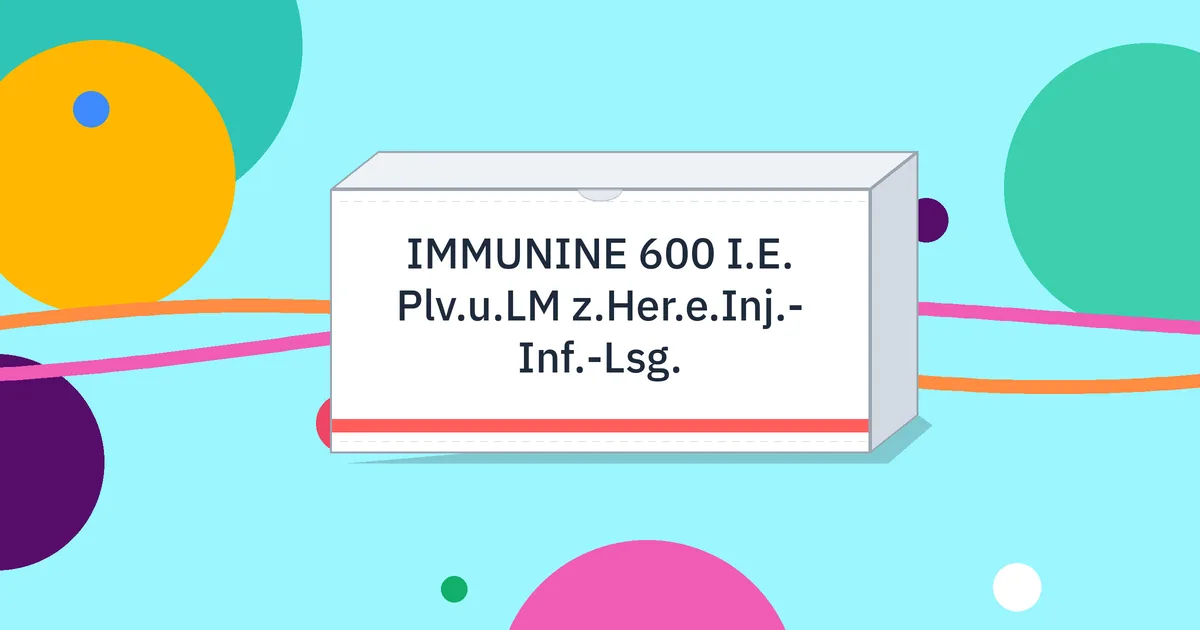 Symbolbild: Packung mit der Aufschrift IMMUNINE 600 I.E. Plv.u.LM z.Her.e.Inj.-Inf.-Lsg. (PZN 06955467) – Verfügbarkeit und Bezug in Apotheken in Frankfurt am Main
