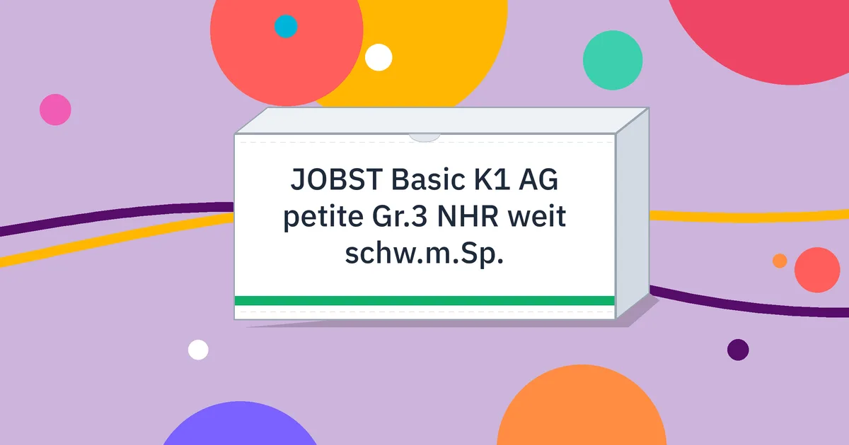 Symbolbild: Packung mit der Aufschrift JOBST Basic K1 AG petite Gr.3 NHR weit schw.m.Sp. (PZN 15309720) – Verfügbarkeit und Bezug in Apotheken in Frankfurt am Main
