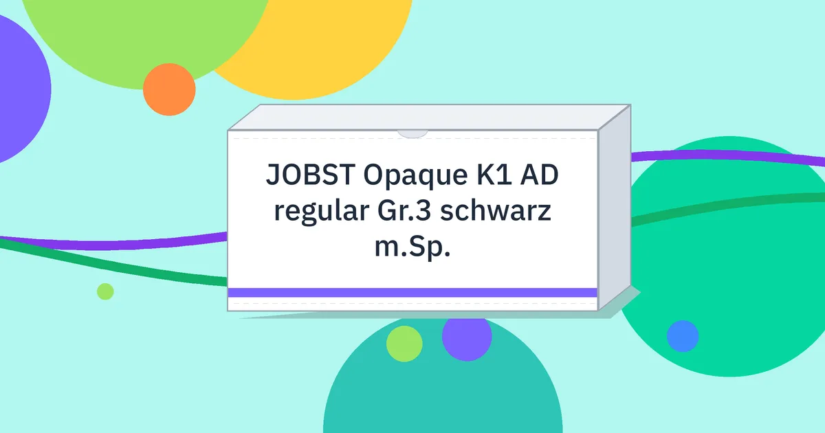 Symbolbild: Packung mit der Aufschrift JOBST Opaque K1 AD regular Gr.3 schwarz m.Sp. (PZN 13082152) – Verfügbarkeit und Bezug in Apotheken in Frankfurt am Main