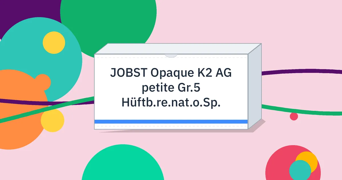 Symbolbild: Packung mit der Aufschrift JOBST Opaque K2 AG petite Gr.5 Hüftb.re.nat.o.Sp. (PZN 13115526) – Verfügbarkeit und Bezug in Apotheken in Frankfurt am Main