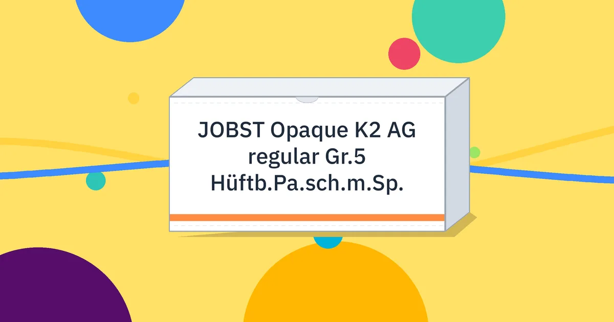 Symbolbild: Packung mit der Aufschrift JOBST Opaque K2 AG regular Gr.5 Hüftb.Pa.sch.m.Sp. (PZN 13116684) – Verfügbarkeit und Bezug in Apotheken in Frankfurt am Main