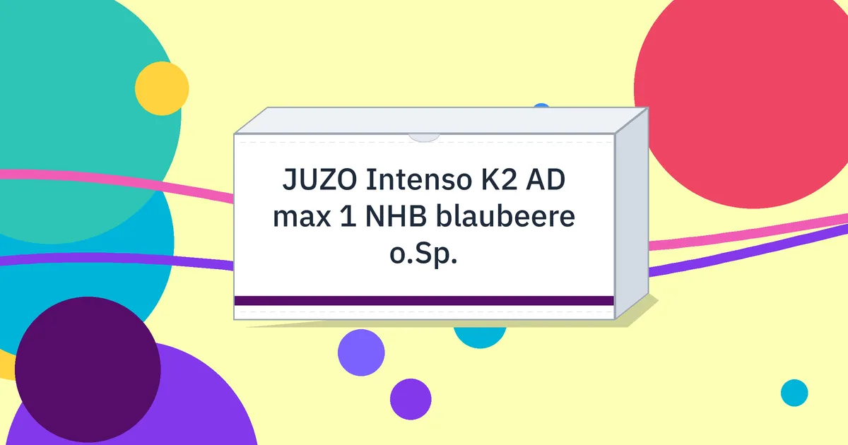 Symbolbild: Packung mit der Aufschrift JUZO Intenso K2 AD max 1 NHB blaubeere o.Sp. (PZN 18623316) – Verfügbarkeit und Bezug in Apotheken in Frankfurt am Main