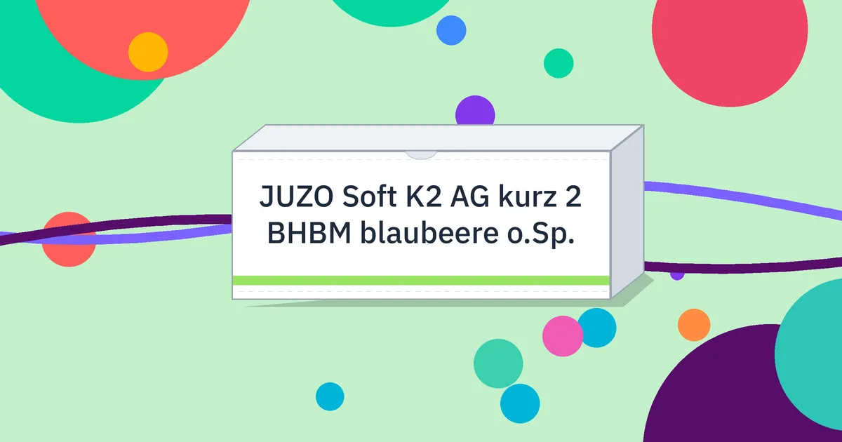 Symbolbild: Packung mit der Aufschrift JUZO Soft K2 AG kurz 2 BHBM blaubeere o.Sp. (PZN 14861668) – Verfügbarkeit und Bezug in Apotheken in Frankfurt am Main