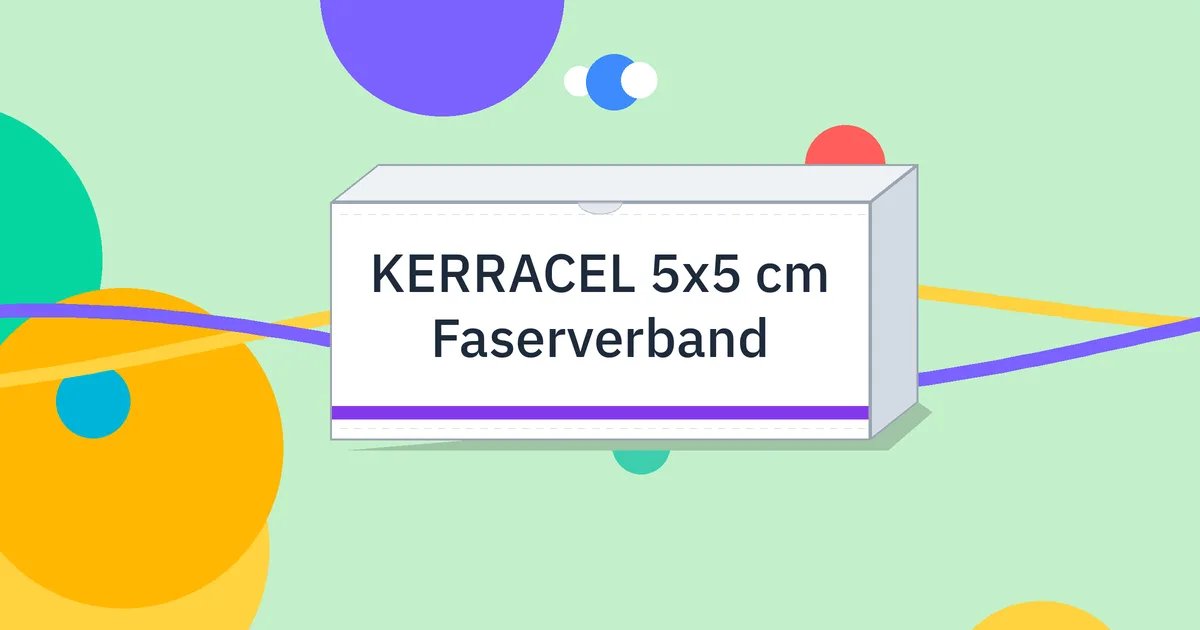 Symbolbild: Packung mit der Aufschrift KERRACEL 5x5 cm Faserverband (PZN 17515866) – Verfügbarkeit und Bezug in Apotheken in Frankfurt am Main