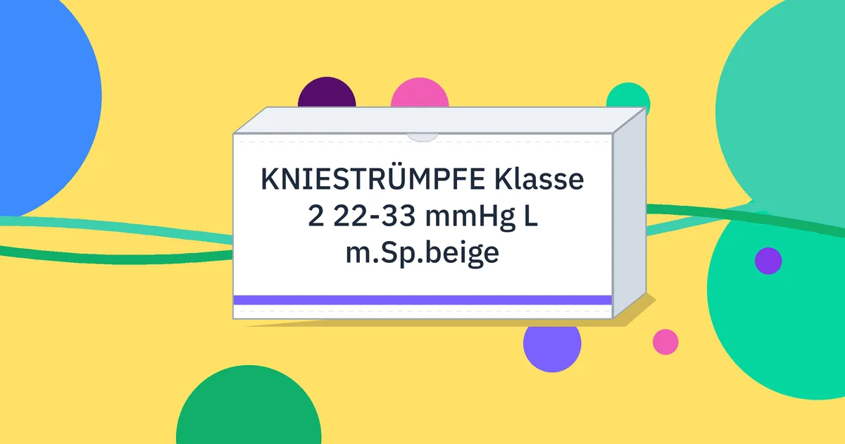 Symbolbild: Packung mit der Aufschrift KNIESTRÜMPFE Klasse 2 22-33 mmHg L m.Sp.beige (PZN 19072433) – Verfügbarkeit und Bezug in Apotheken in Frankfurt am Main