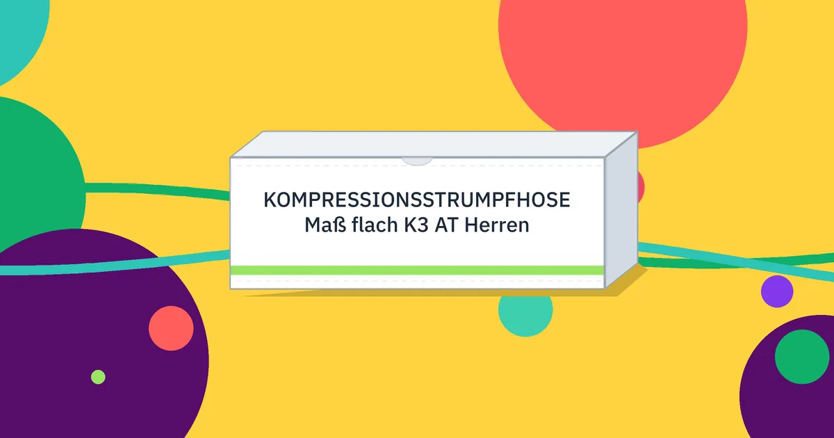Symbolbild: Packung mit der Aufschrift KOMPRESSIONSSTRUMPFHOSE Maß flach K3 AT Herren (PZN 16745713) – Verfügbarkeit und Bezug in Apotheken in Frankfurt am Main