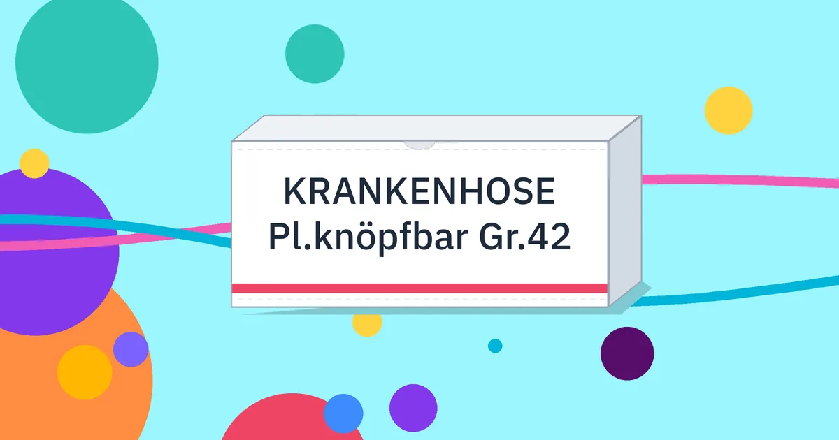Symbolbild: Packung mit der Aufschrift KRANKENHOSE Pl.knöpfbar Gr.42 (PZN 01740880) – Verfügbarkeit und Bezug in Apotheken in Frankfurt am Main