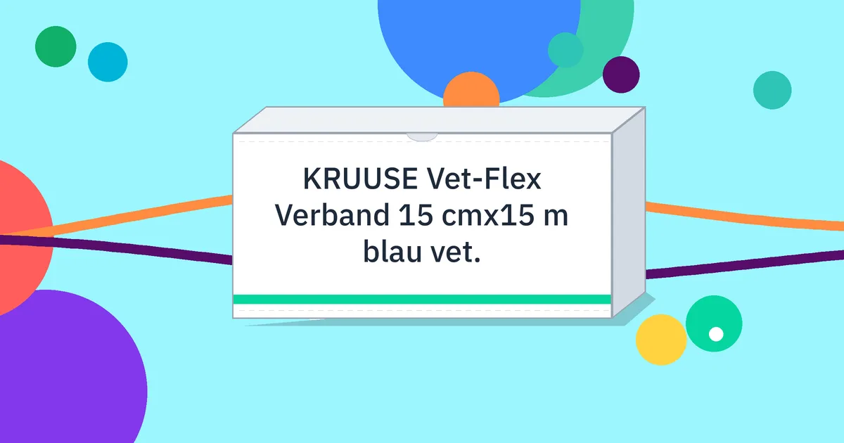 Symbolbild: Packung mit der Aufschrift KRUUSE Vet-Flex Verband 15 cmx15 m blau vet. (PZN 18443502) – Verfügbarkeit und Bezug in Apotheken in Frankfurt am Main