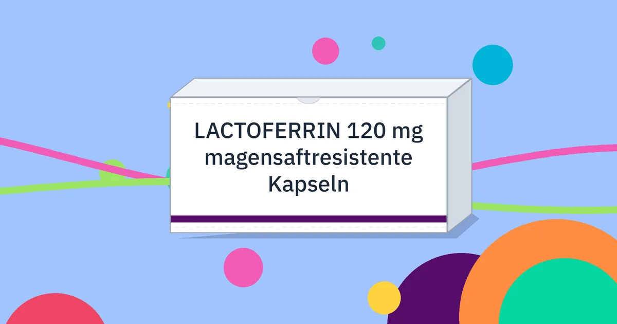 Symbolbild: Packung mit der Aufschrift LACTOFERRIN 120 mg magensaftresistente Kapseln (PZN 14320665) – Verfügbarkeit und Bezug in Apotheken in Frankfurt am Main