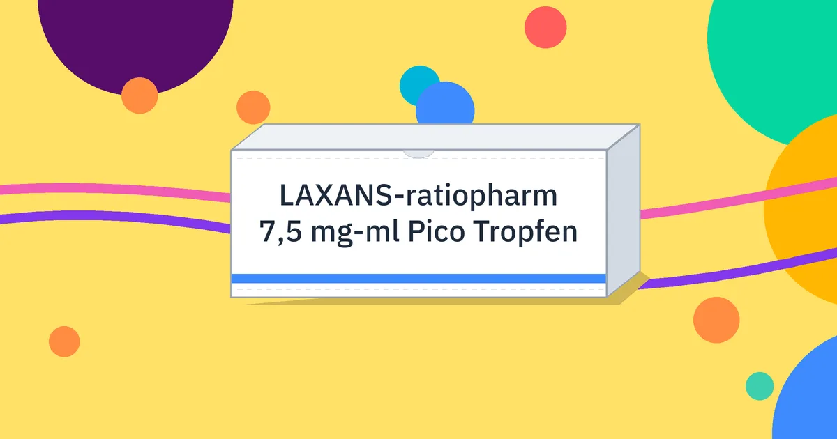 Symbolbild: Packung mit der Aufschrift LAXANS-ratiopharm 7,5 mg-ml Pico Tropfen (PZN 04687790) – Verfügbarkeit und Bezug in Apotheken in Frankfurt am Main