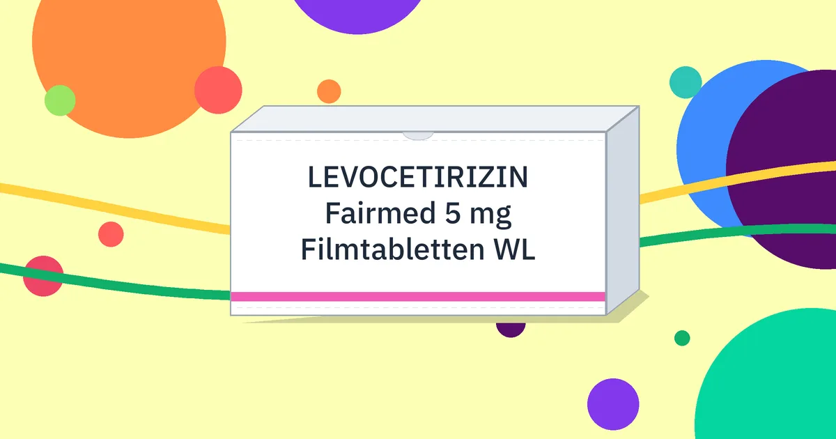 Symbolbild: Packung mit der Aufschrift LEVOCETIRIZIN Fairmed 5 mg Filmtabletten WL (PZN 16169959) – Verfügbarkeit und Bezug in Apotheken in Frankfurt am Main