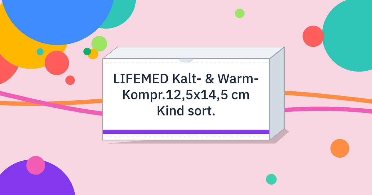 Symbolbild: Packung mit der Aufschrift LIFEMED Kalt- & Warm-Kompr.12,5x14,5 cm Kind sort. (PZN 18097951) – Verfügbarkeit und Bezug in Apotheken in Frankfurt am Main